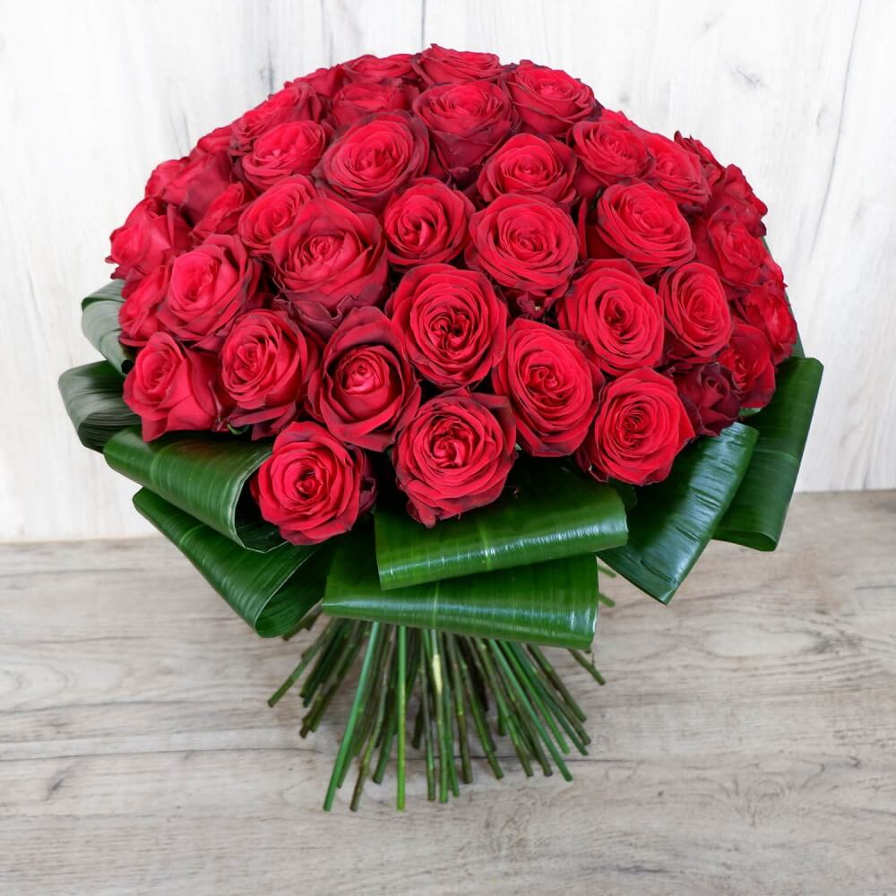 50 Long Stem Red Roses With Ti Leaves – Royal Flowers and Gallery