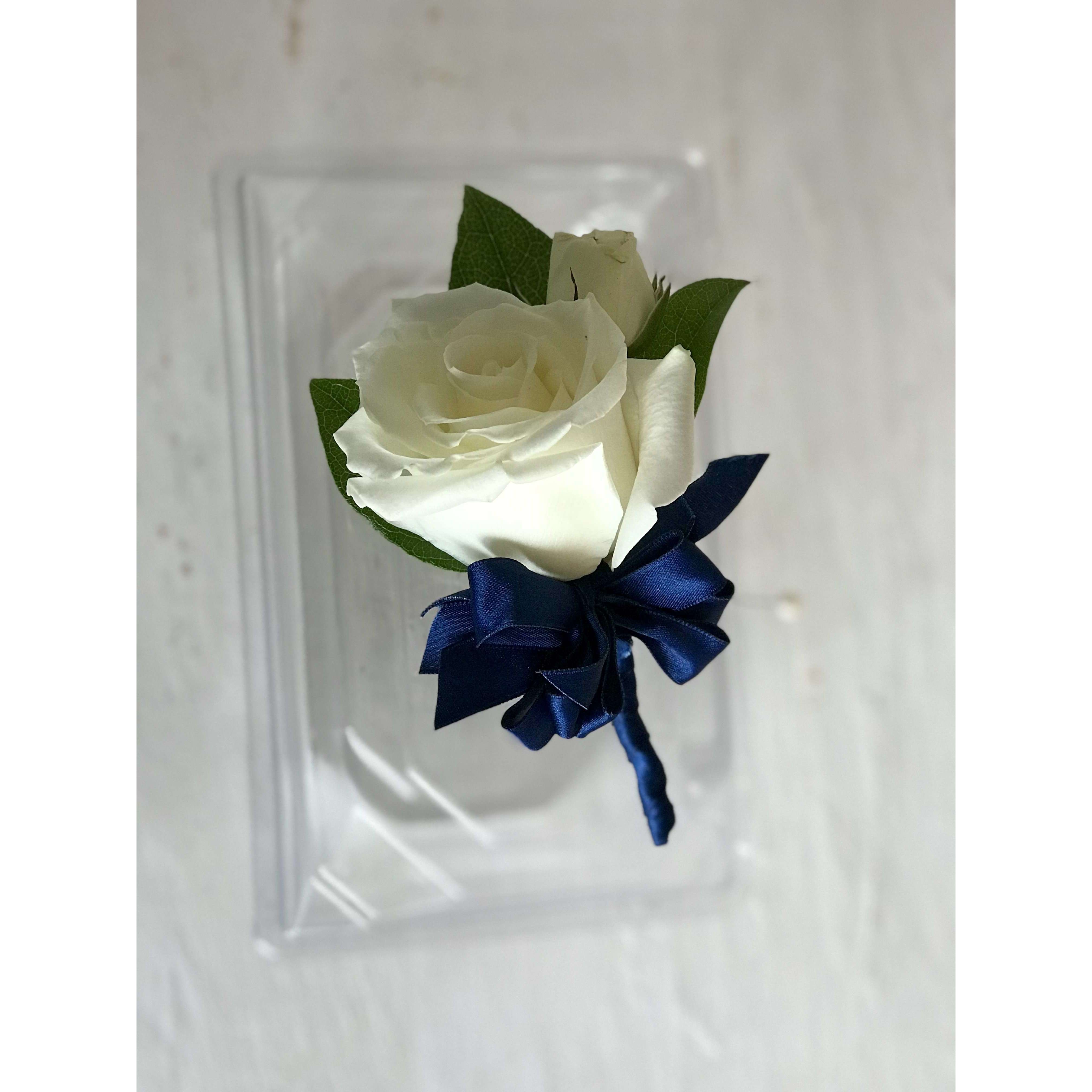 White Rose Boutonniere With Blue Ribbon
